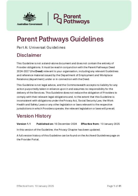 Delivering Parent Pathways Guidelines – Part A: Universal Guideline - Department of Employment ...
